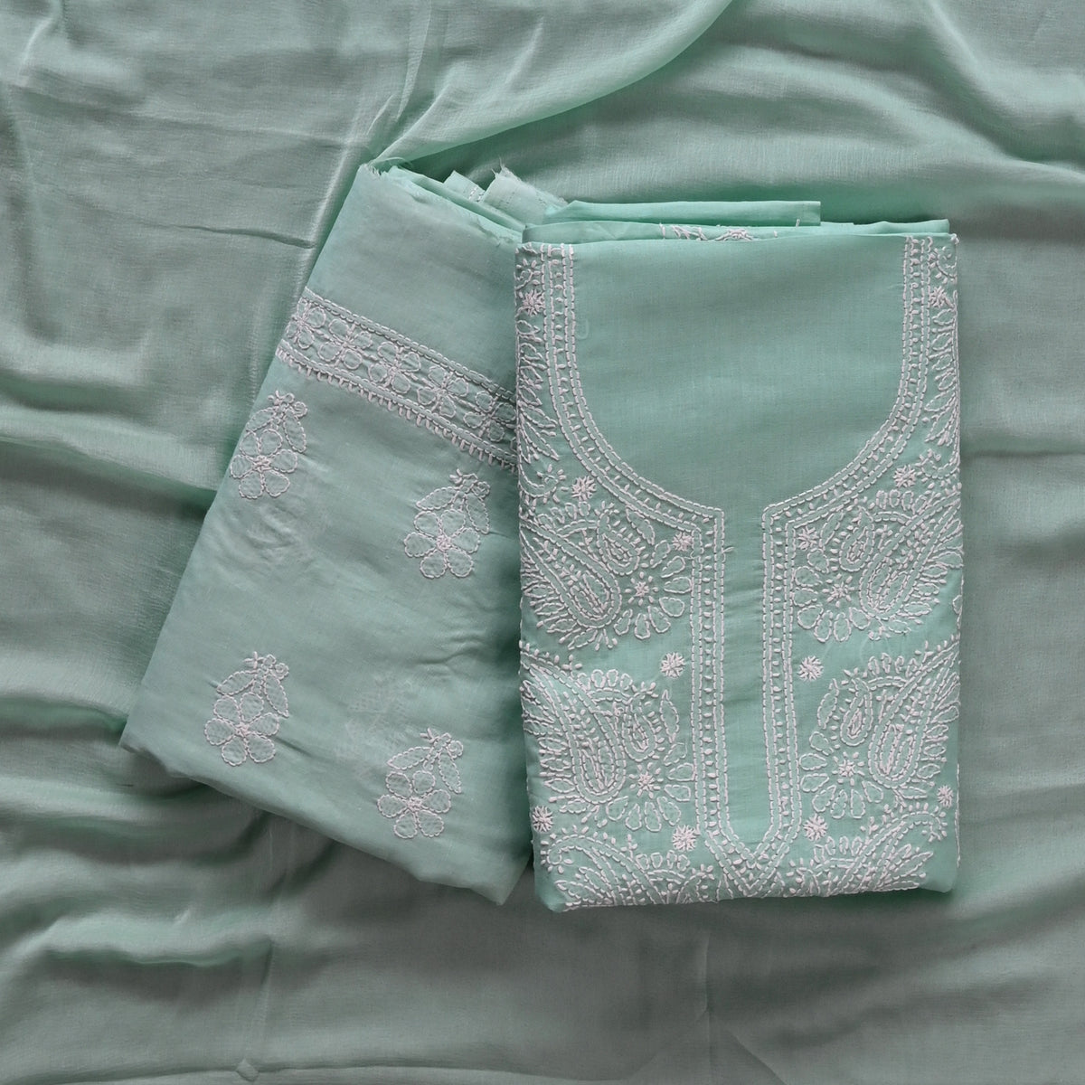 Seva Chikan Hand Embroidered Sea Green Cotton Lucknowi Chikankari Unst